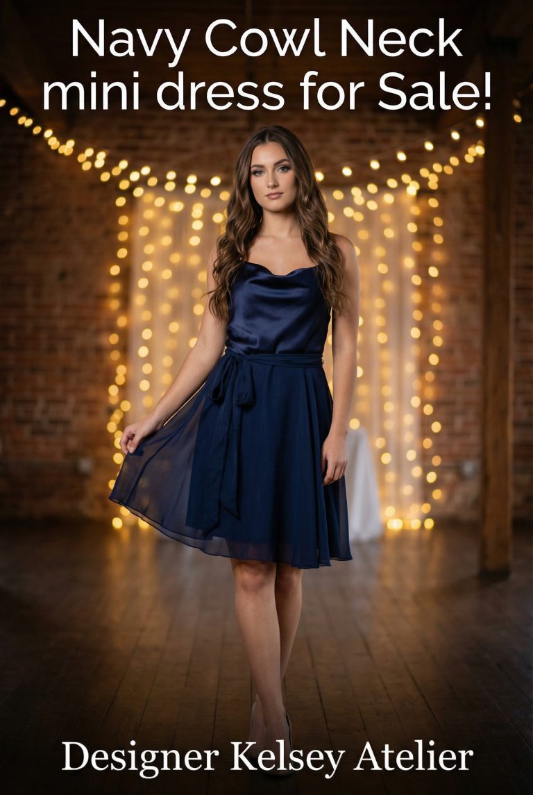 Navy short dress with Cowl Neckline Flared Chiffon with belt